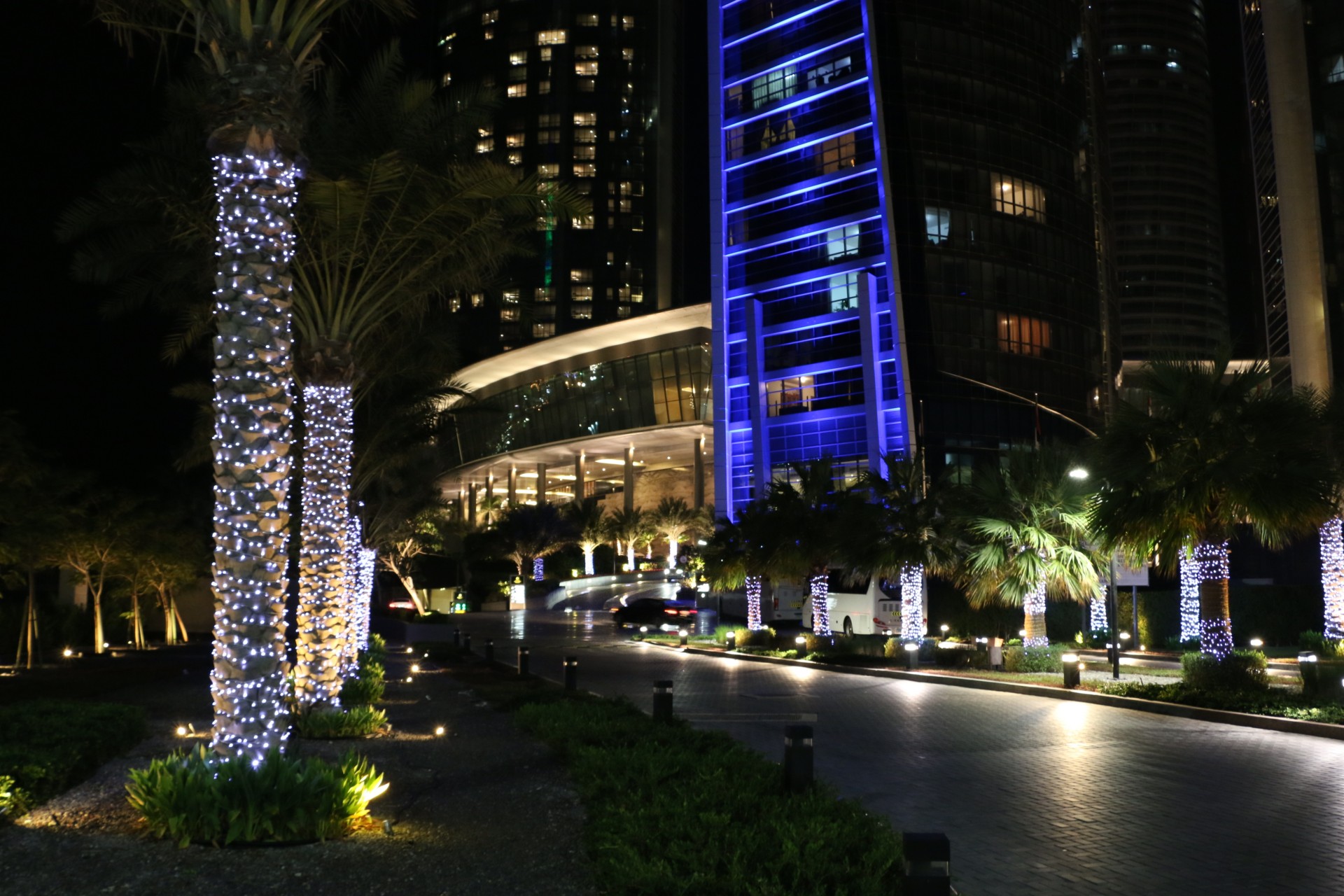 Etihad Towers by night.